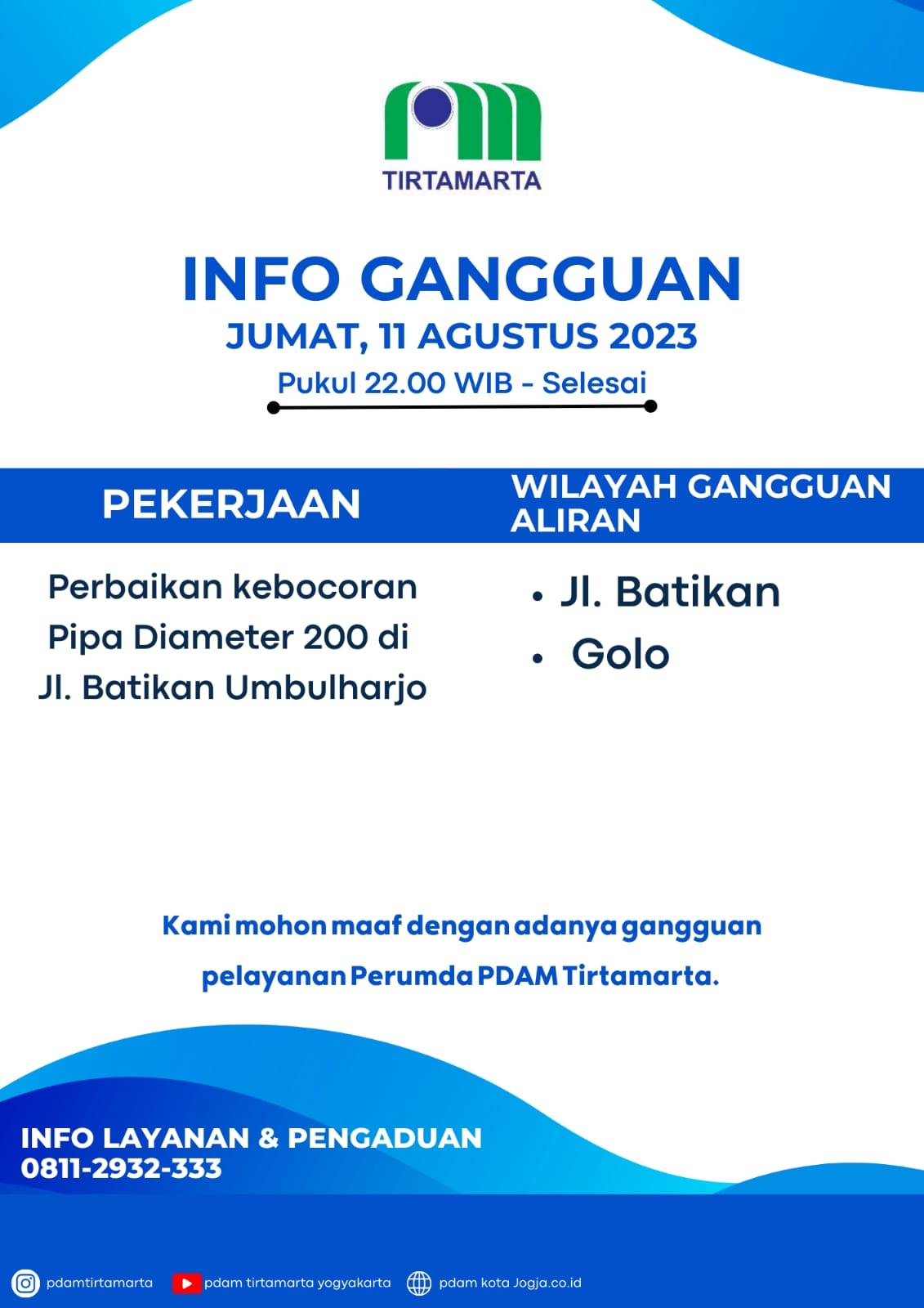 Informasi gangguan pelayanan Perumda PDAM Tirtamarta dikarenakan perbaikan